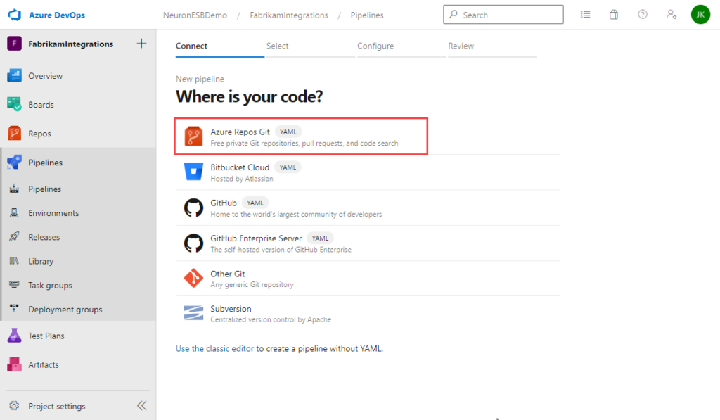 Using Azure DevOps with Neuron ESB - Peregrine Connect