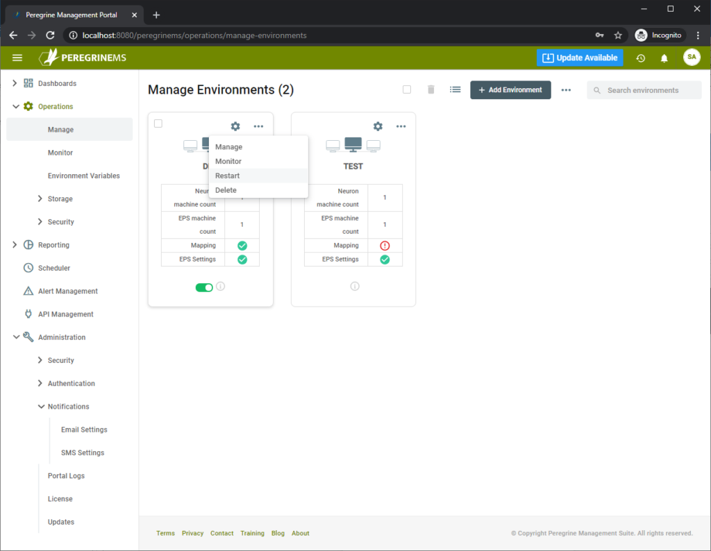 Environment Setup and Management - Peregrine Connect